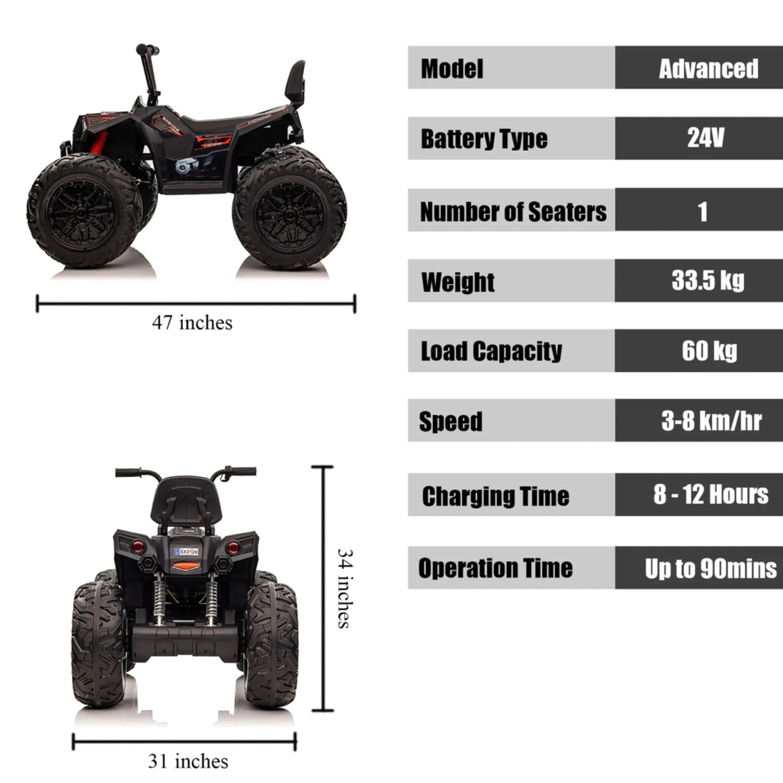 24V Electric ATV 4x4 Off-road Kids Ride On Car with Rubber Tires